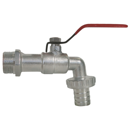 Chrome plated brass bibcock with hose connector, red flat handle